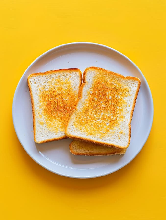 Two Toasted Bread Slices on a White Plate with a Yellow Background ...