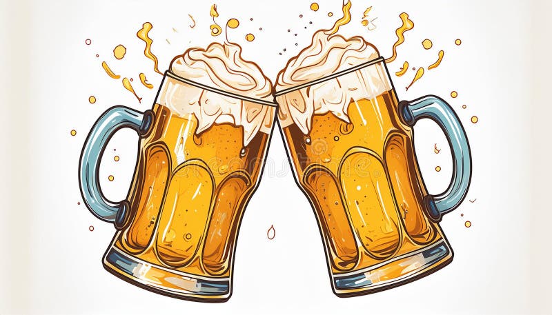 Two Toasting Beer Mugs, Cheers. Clinking Glass Tankards Full of Beer ...