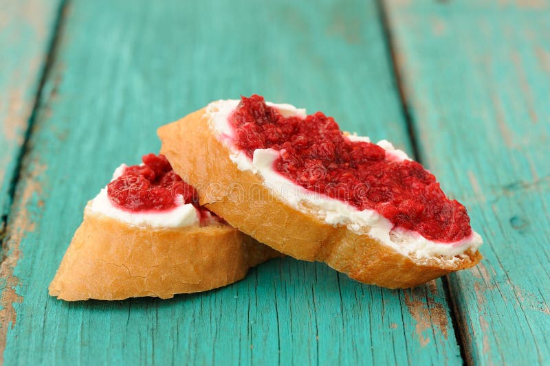 Two Toasts with White Cream Cheese and Homemade Raspberry Jam on Stock ...