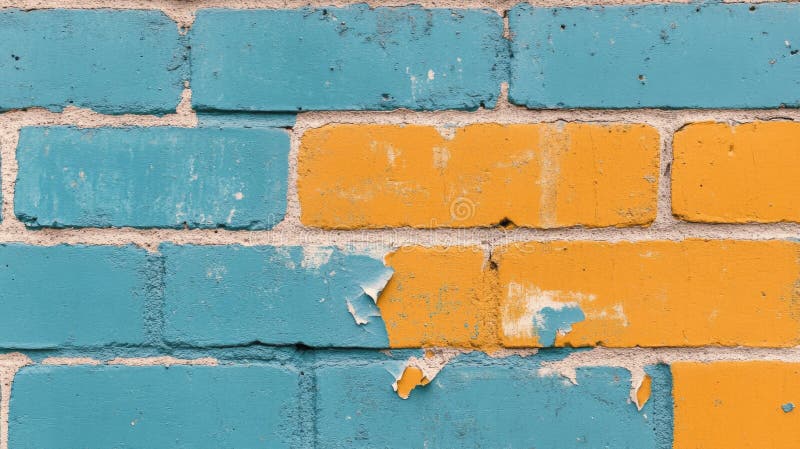 Two-tone Brick Wall Divided into Blue and Yellow Sections with Peeling ...