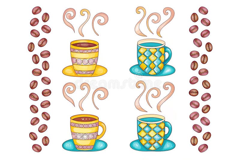 Two-tone Coffee Cups with Steam, Coffee Beans Border Stock Illustration ...
