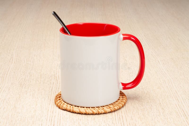 Two-tone 11oz Mug on the Mug Coaster on the Table. Mug with Tea Spoon ...