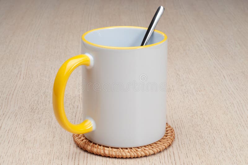 Two-tone 11oz Mug on the Mug Coaster on the Table. Mug with Tea Spoon ...