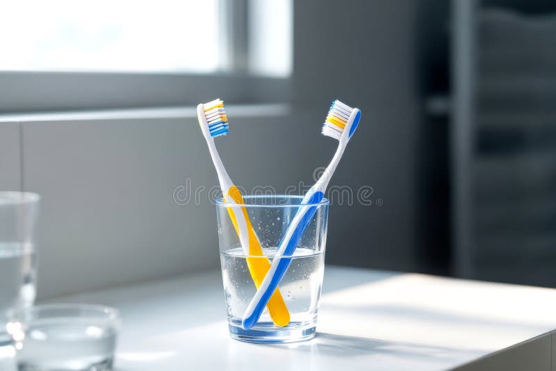 Two Toothbrushes are in a Glass of Water Stock Photo - Image of blue ...
