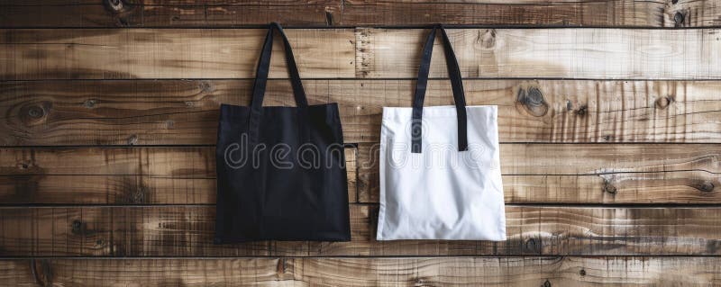 Two Tote Bags Hanging on a Wooden Wall, Black and White Bags in Rustic ...