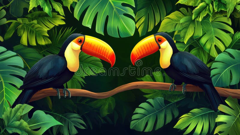 Two Toucans Perched on a Branch in the Jungle, AI Stock Image - Image ...