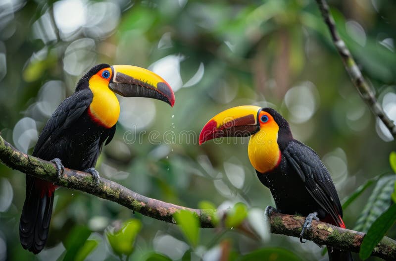 Two Toucans Perched on Branch in Rainforest during Rain Stock Photo ...
