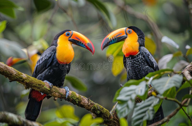Two Toucans Perched on Branch in Rainforest during Rain Stock Image ...