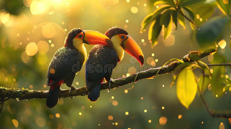 Two Toucans Perched on a Branch in a Tropical Forest Stock Illustration ...
