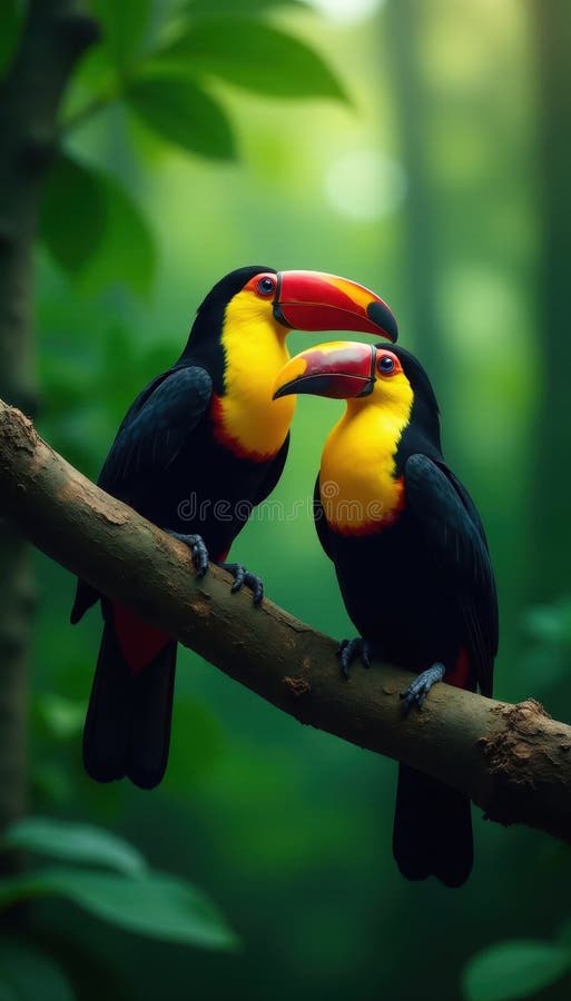Two Toucans Rest on Tree Limb, Rainforest Background, Feathers ...