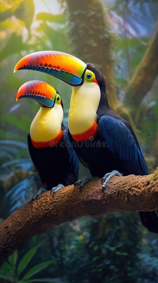 Two Toucans Sitting on a Branch in the Jungle Stock Illustration ...