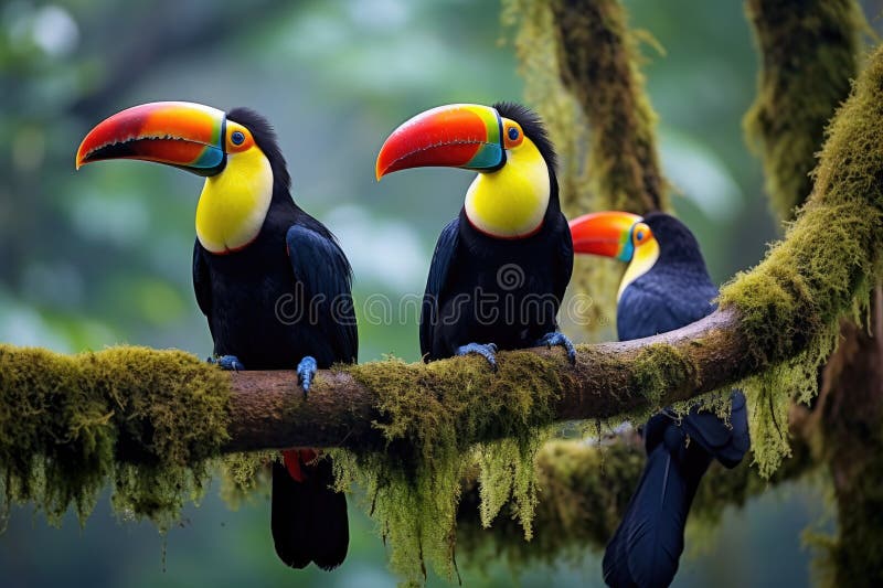 Two Toucans Sitting Together on a Branch Covered in Moss, Two Toucans ...