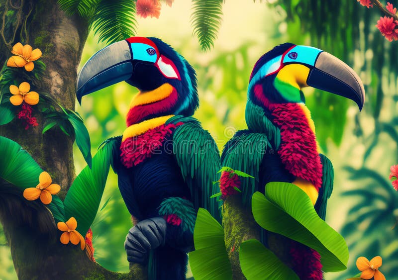 Two Toucans on a Tree in the Morning Rainforest. Generative Al ...