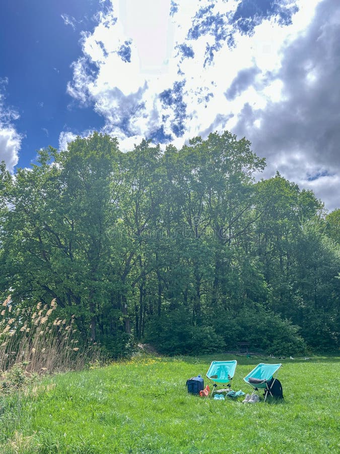 Two Tourist Chairs Stand in a Clearing. Summer Rest Stock Photo - Image ...