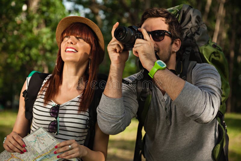 Two Tourists Sightseeing Nature Stock Photo - Image of enjoyment, male ...