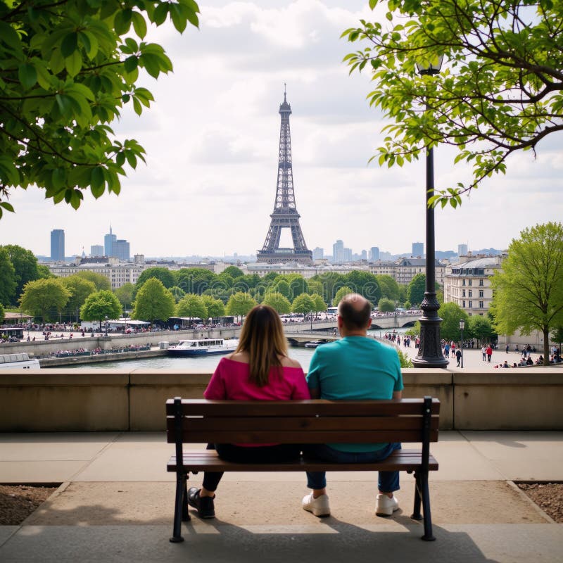 Two Tourists Sitting on a Bench in Paris Observing Scenic Landmarks ...