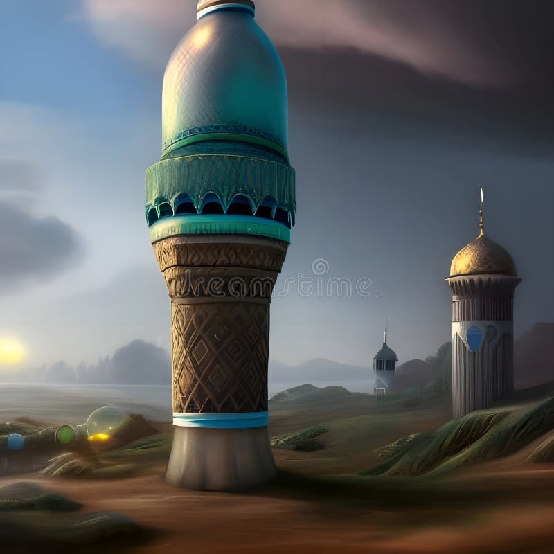 Cyan Tower in the Mountain at Sunset Stock Illustration - Illustration ...