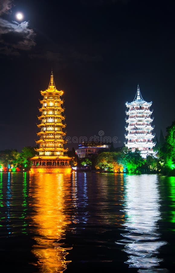 Two Towers in Guilin in China with Moonlight Sky Stock Image - Image of ...
