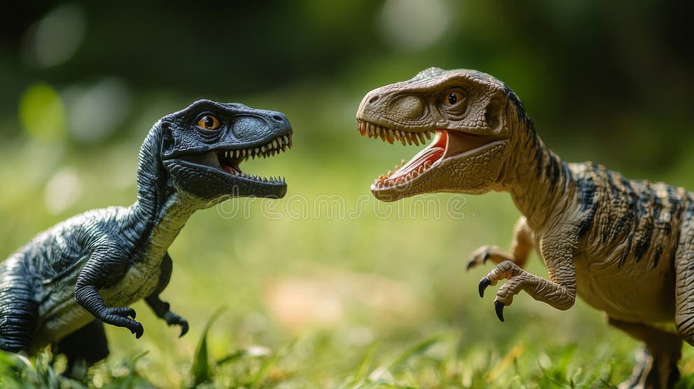 Two Toy Dinosaurs Facing Off in Green Grass Stock Illustration ...