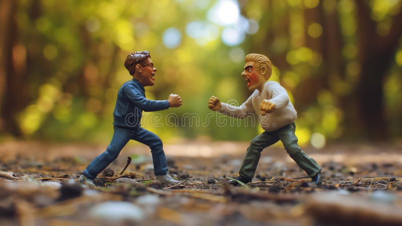 Two Toy Figurines in a Confrontational Stance, Positioned on a Forest ...