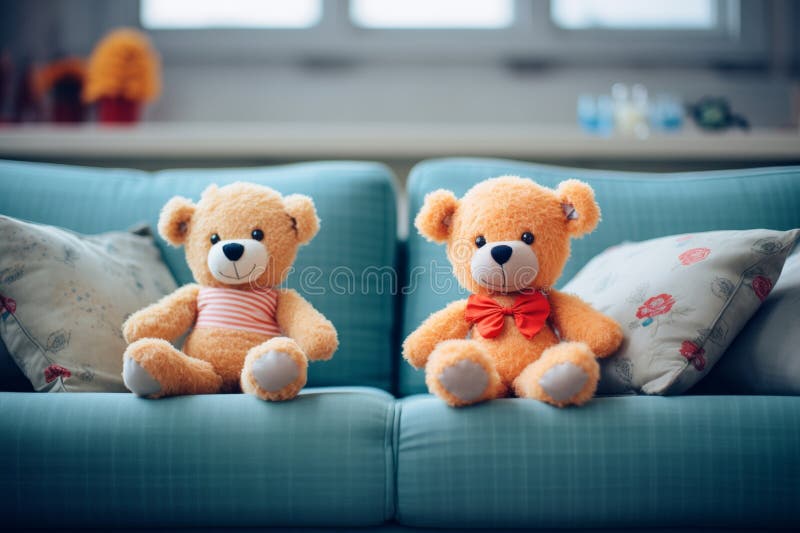 Two Toy Teddy Bears Sitting on a Couch Stock Image - Image of animals ...