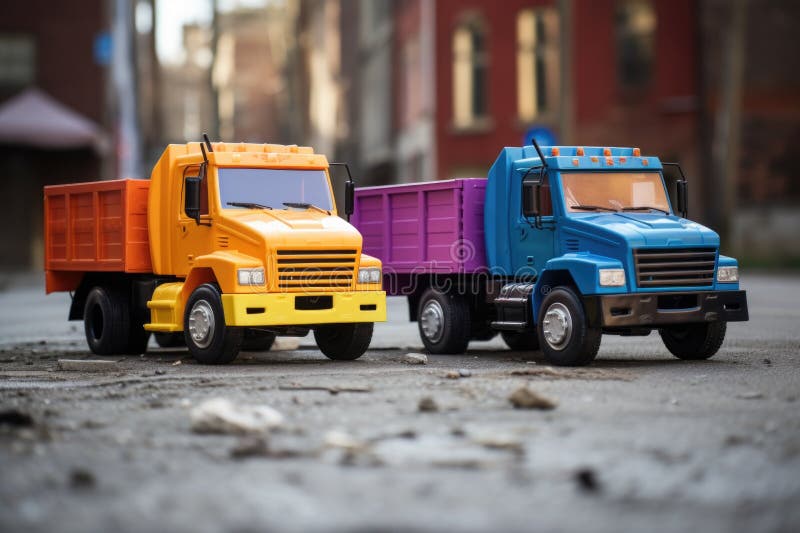 Two Toy Trucks of Different Colors Parked Side by Side Stock Photo ...