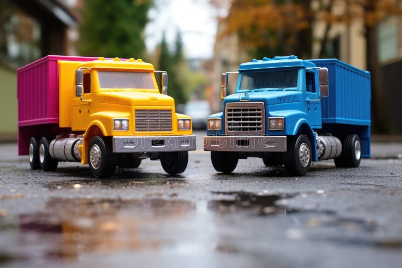 Two Toy Trucks of Different Colors Parked Side by Side Stock Image ...