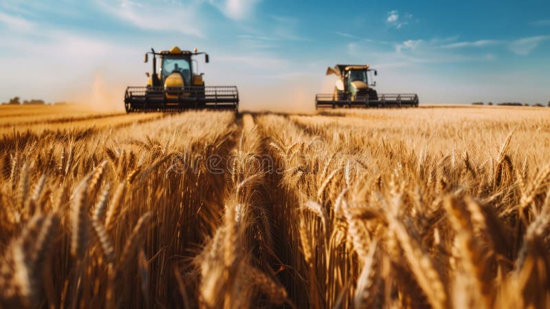Two Tractors Harvesting Wheat in Field Stock Image - Image of barley ...