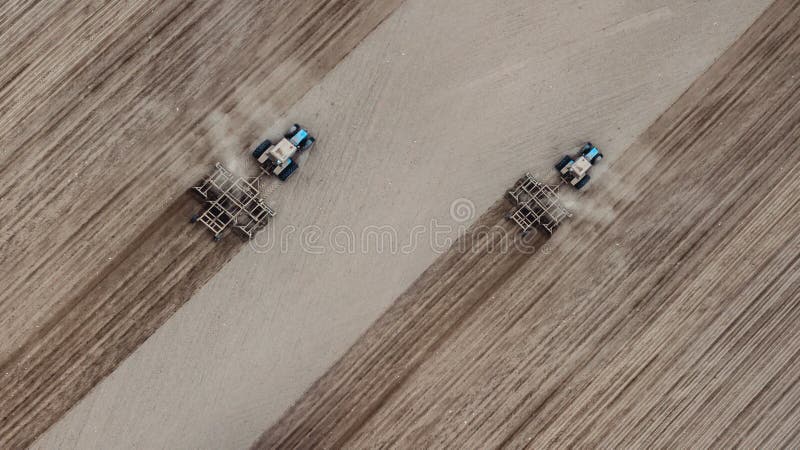 Two Tractors Plow the Top View Field Stock Image - Image of industry ...
