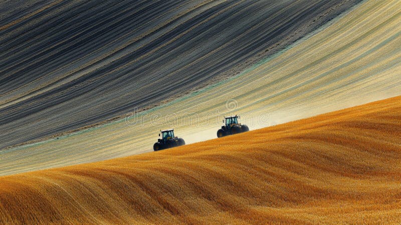 Two Tractors Working a Rolling Wheat Field Stock Illustration ...