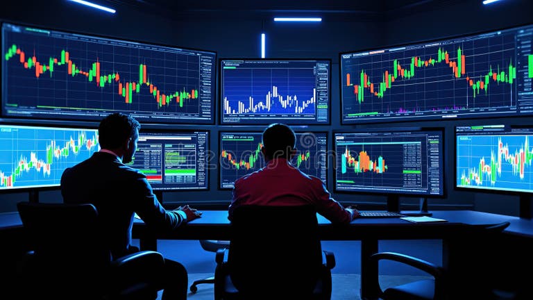 Two Traders Analyzing Stock Market Data on Multiple Monitors Stock Illustration - Illustration ...
