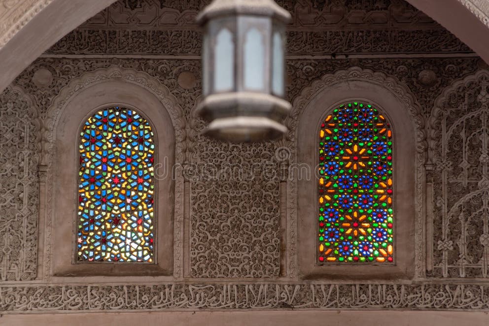 Two Traditionally Colored Windows at a Relidious Building in Marrakech Stock Image - Image of ...