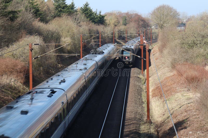 Two Trains Meet on the Railway Tracks Stock Photo - Image of industry ...