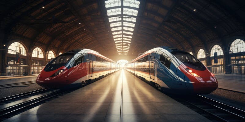 Two Trains Sitting Side by Side in a Train Station, Empty Platform ...