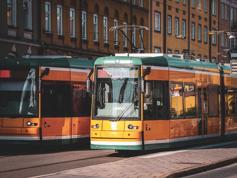 Two Trams in the City during Day Stock Image - Image of tramway ...