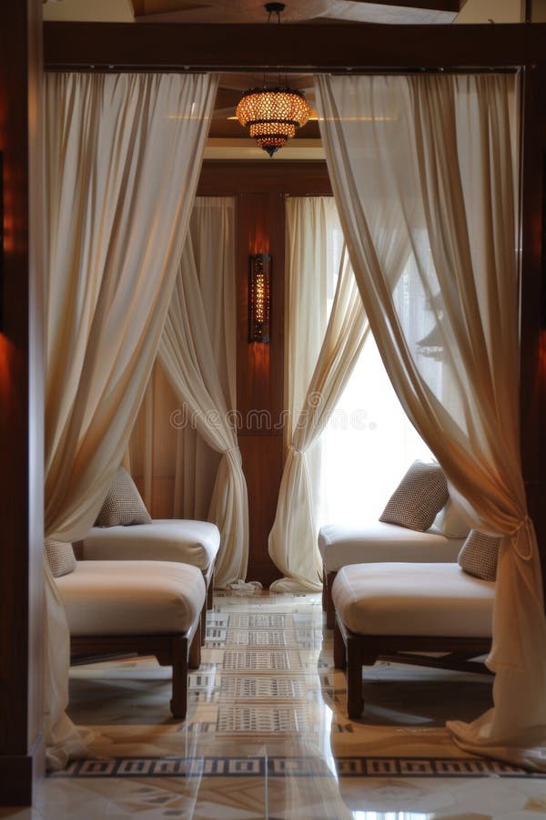 Relaxing Spa Treatment Rooms with Draped Curtains and Cozy Seating in a ...