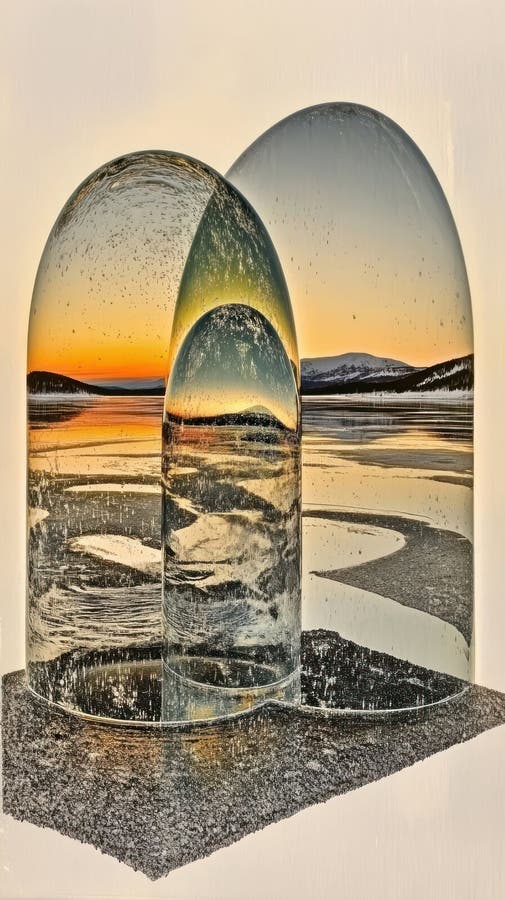 Two Translucent Arches Reflecting a Serene Sunset Over Icy Terrain ...