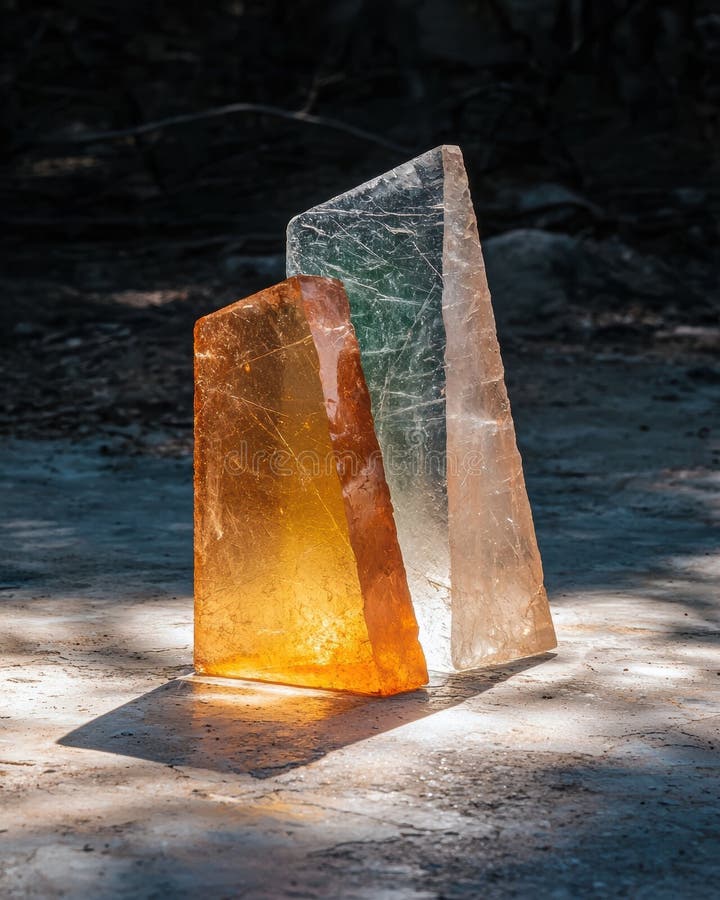 Two Translucent Crystal Formations Stand on a Textured Surface. Stock ...