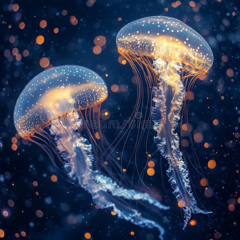 Two Translucent Jellyfish Float Gracefully in Deep Blue Water Their ...