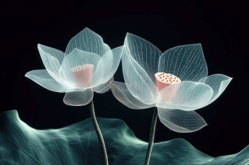 Two Translucent Lotus Flowers Blooming in the Dark Stock Illustration ...