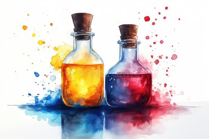 Two Transparent Bottles Filled with Colorful Liquids on a White ...