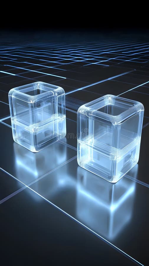 Two Transparent Cubes on a Glowing Grid Stock Illustration ...