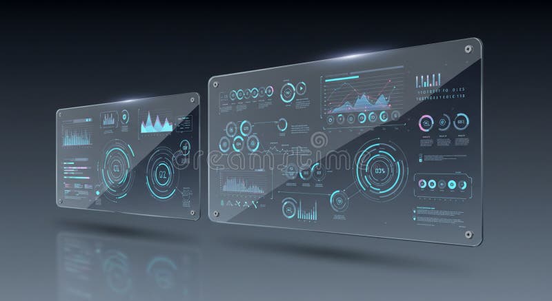 Two Transparent Digital Interfaces Display Various Data Visualizations ...
