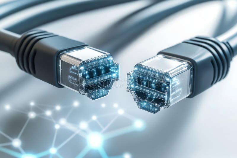 Two Transparent Ethernet Connectors with Glowing Fiber Optic Cables ...