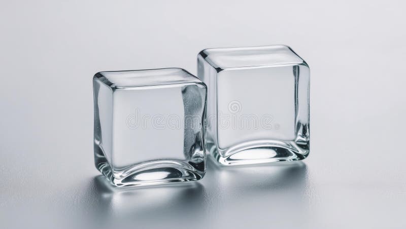 Two Transparent Ice Cubes Rest on Smooth White Surface, Showcasing ...