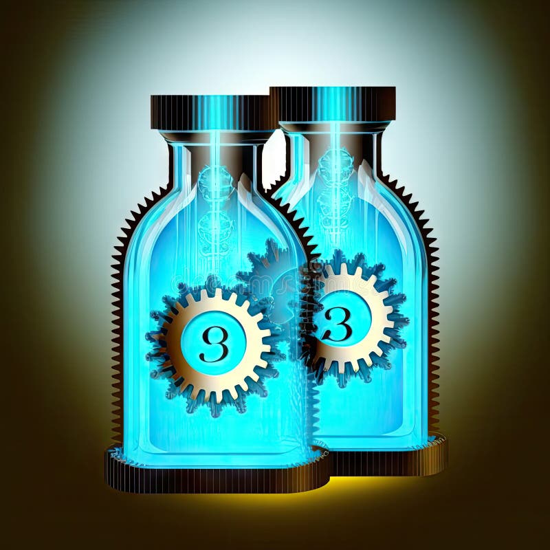 Two Transparent Laboratory Flask with Blue Liquid Inside and Gear Sign ...