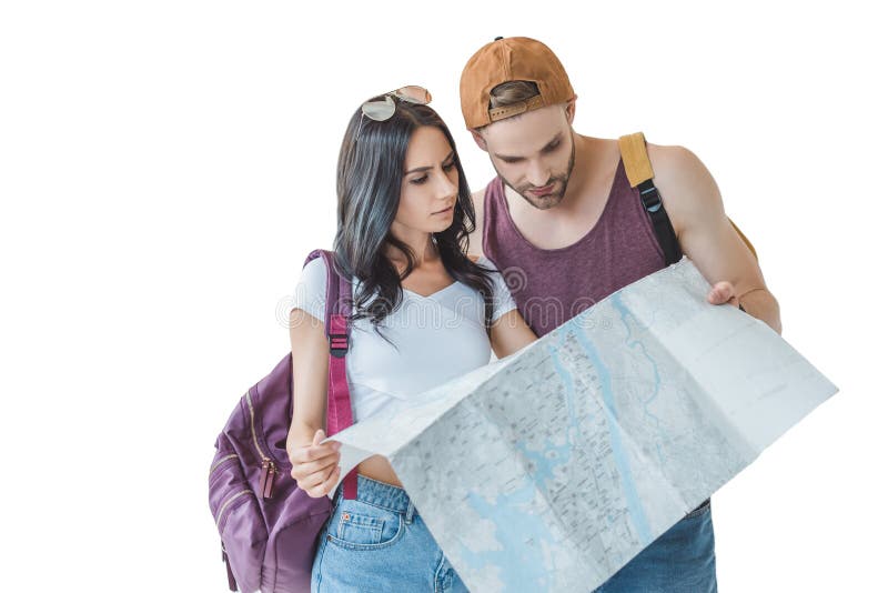 Two Travelers with Backpacks Looking at Map Stock Photo - Image of ...