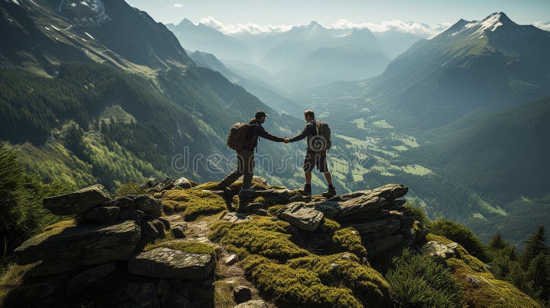 Two Travelers Help Each Other in the Mountains Stock Illustration ...