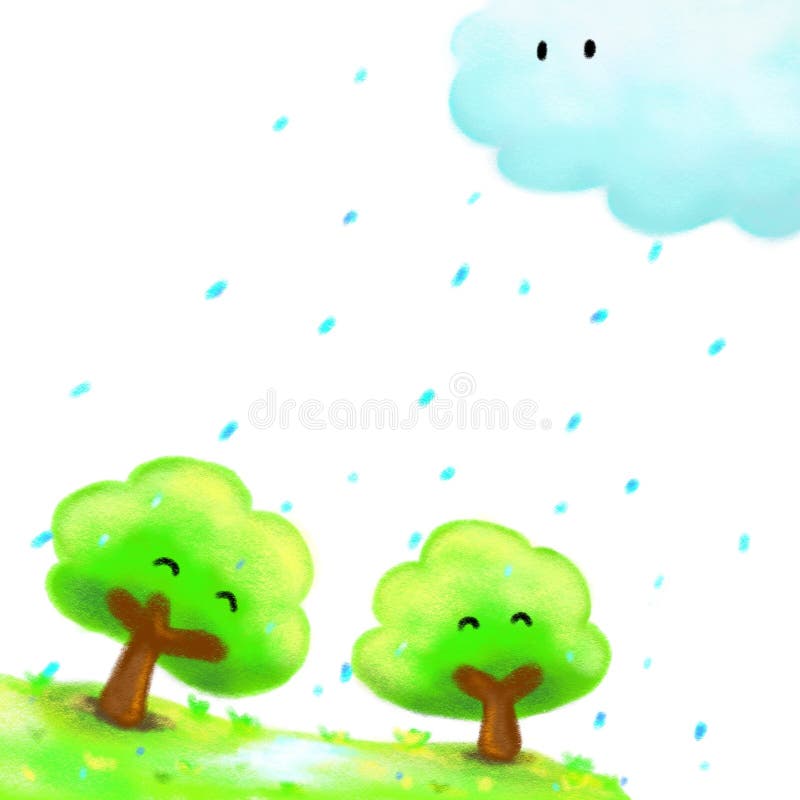 Two Trees Smiling in the Rain Crayon Drawing, Kid Cartoon Cute Spring ...