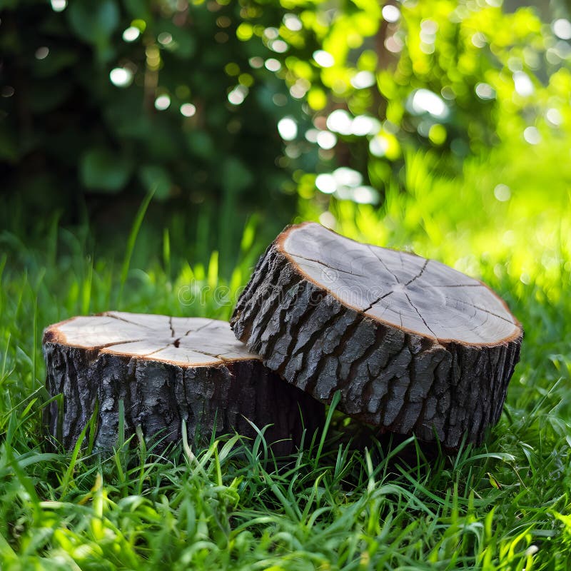 Two Tree Stumps on Green Grass, Sunlight Filtering through Blurred ...